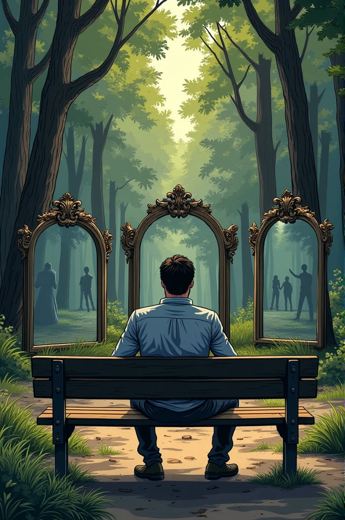 A sad man set on a bench in backward position in a Forest. 3 mirror in ...