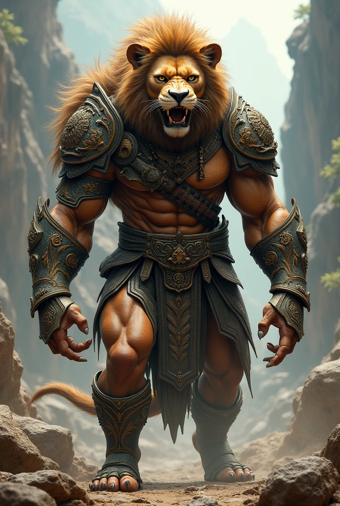 A humanoid with a lion's face, a suit of armor with tribal details and ...