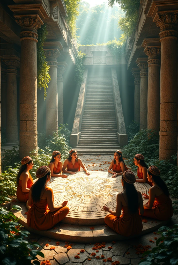 A highly detailed Mayan pyramid interior, Mayan people studying ...