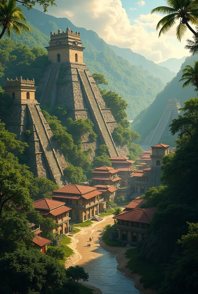 A detailed photo of an ancient mayan city surrounded by dense jungle ...