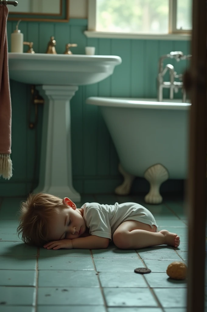 One Boy Sleep in Bathroom - SeaArt AI