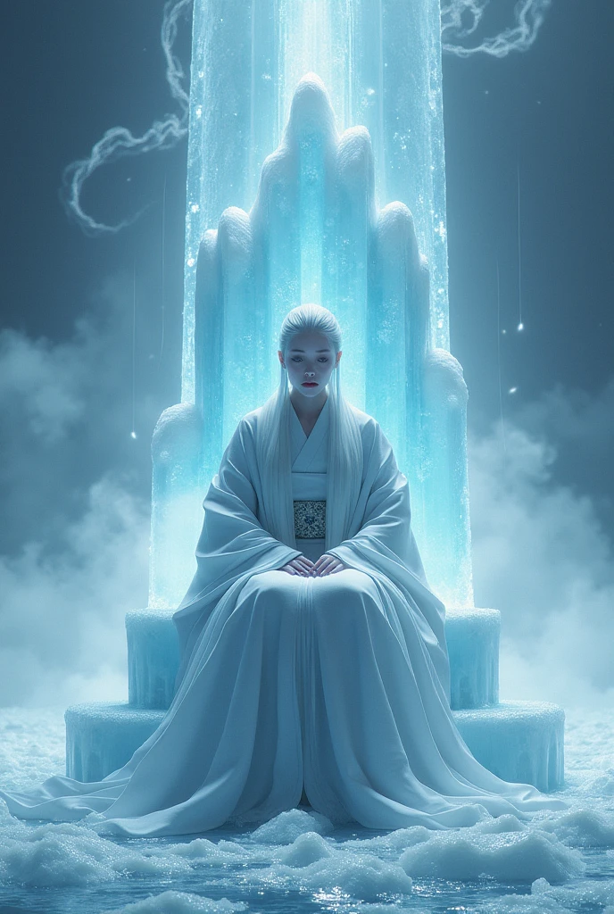 1girl ice queen sit on the ice throne, wearing a covered long beautiful ...