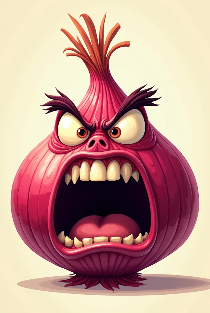 Make an illustration of a red onion with an angry expression and an ...