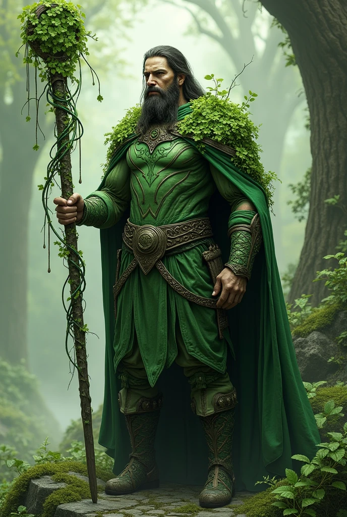 A green-clad warrior with shamrock motifs, wielding a staff or sword ...
