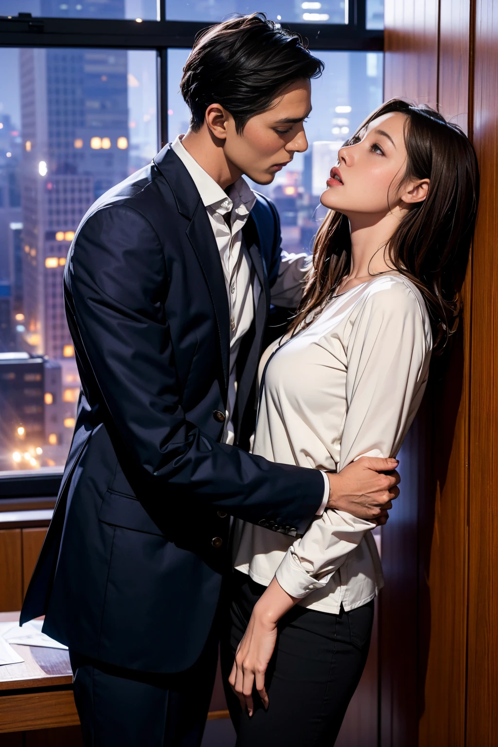 In a luxurious, dimly lit office with floor-to-ceiling windows showcasing the ci - SeaArt AI