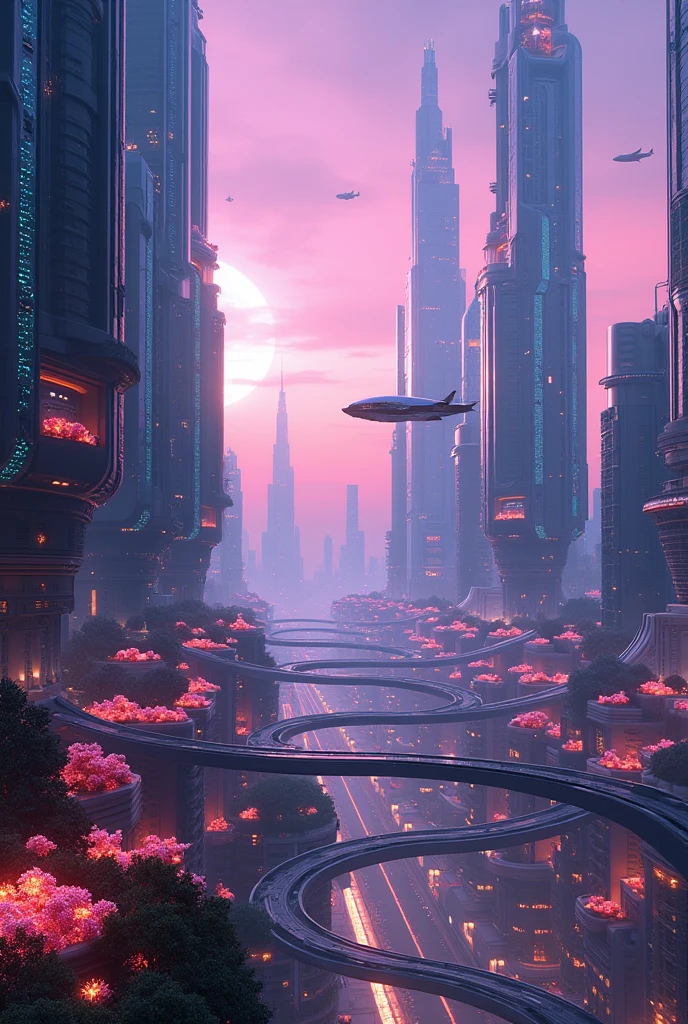 A futuristic city in the year 2200 with glowing skyscrapers, Flying ...