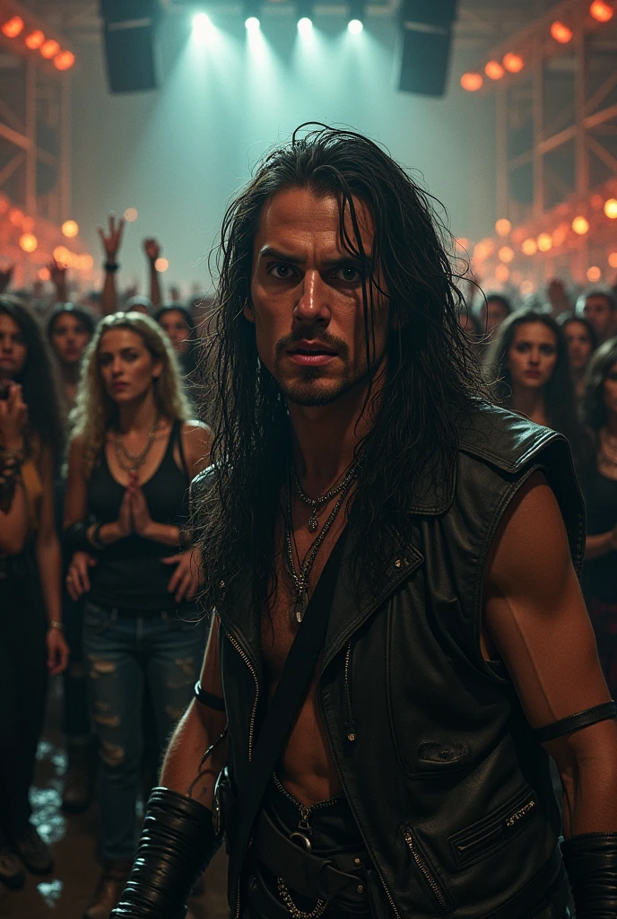 Create an image about a metalhead going to a metal concert, But when he ...