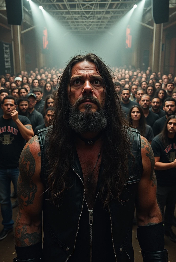 Create an image about a metalhead going to a metal concert, But when he ...