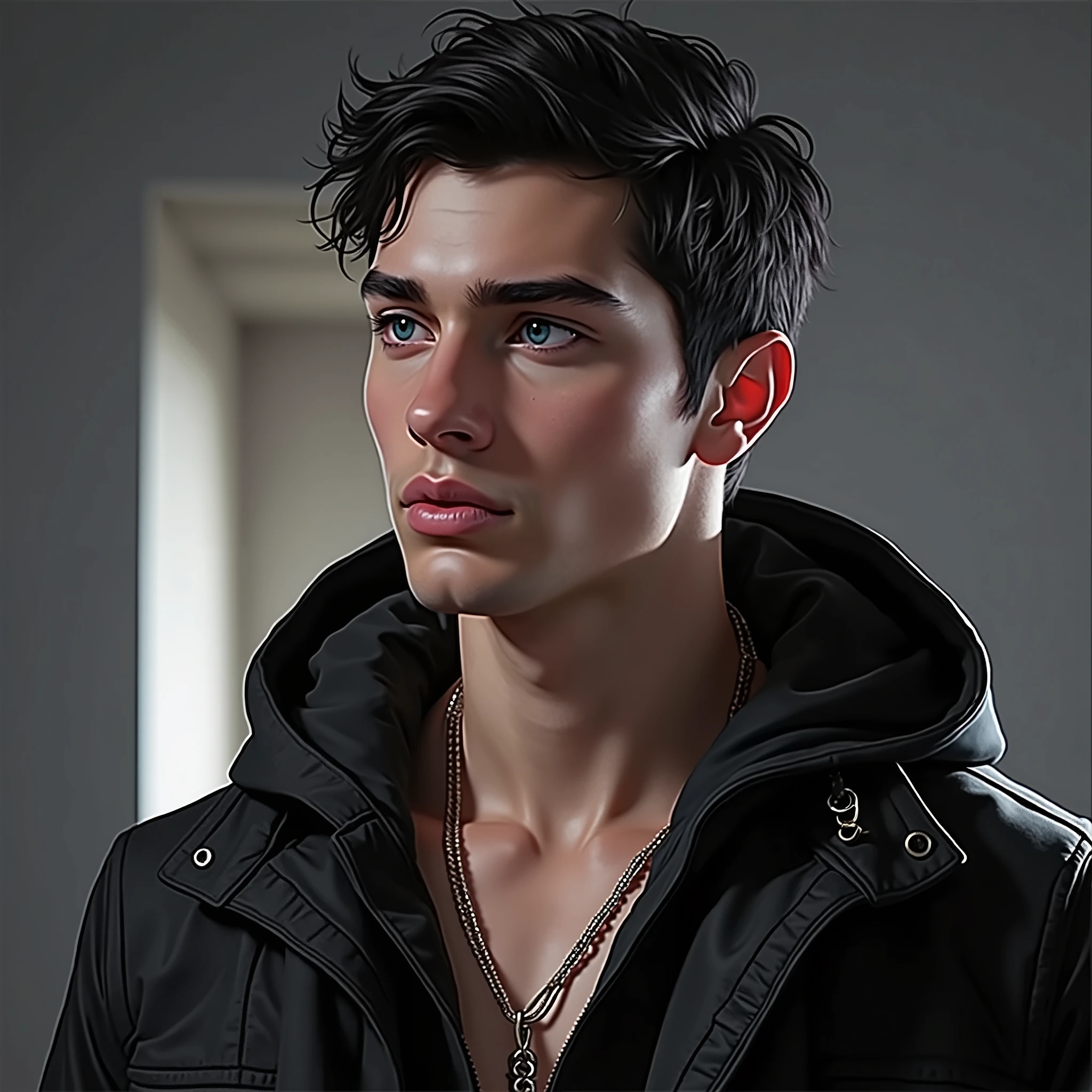 Arafed image of a man in a black jacket and a necklace - SeaArt AI