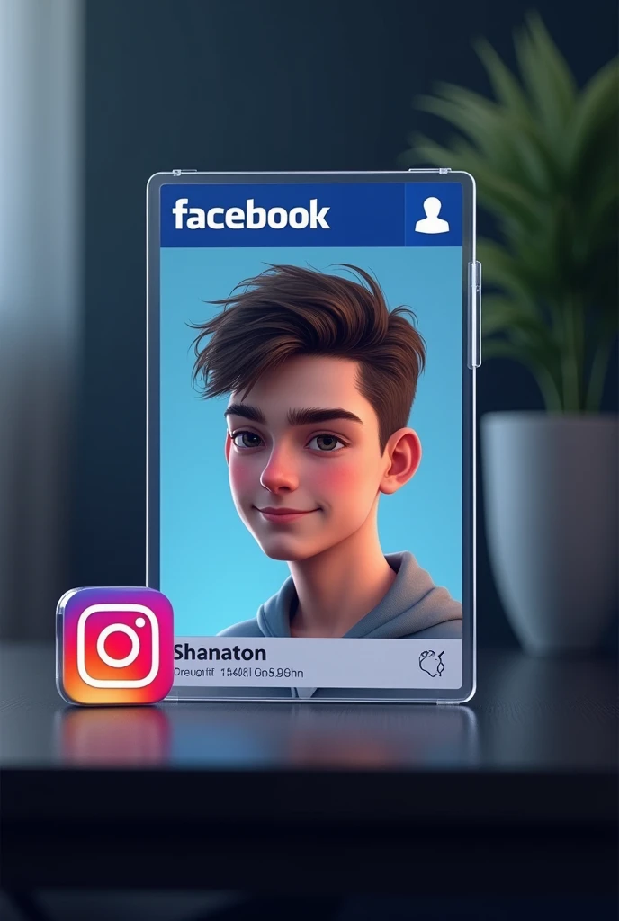 Create a Facebook profile on glass id card on a black desk displaying ...