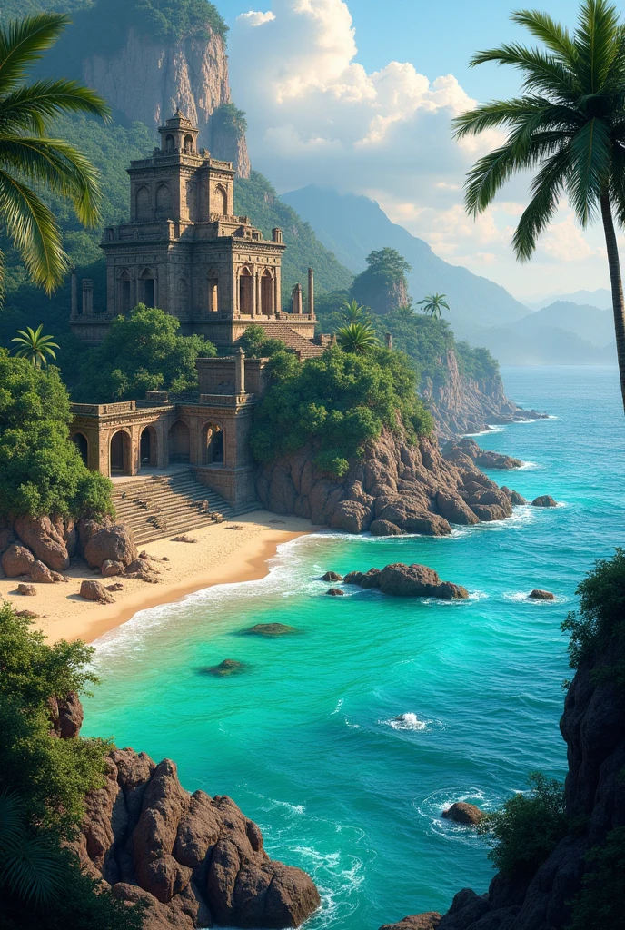 Make a book cover of an island full of ruins surrounded by a rainbow ...
