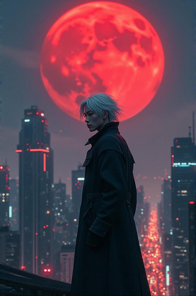 Red moon, city, night, man with white hair - SeaArt AI