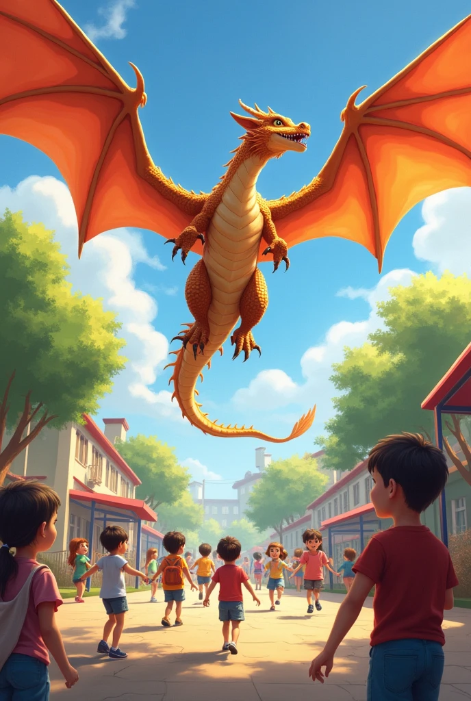 A dragon flying in a school yard with many children playing - SeaArt AI