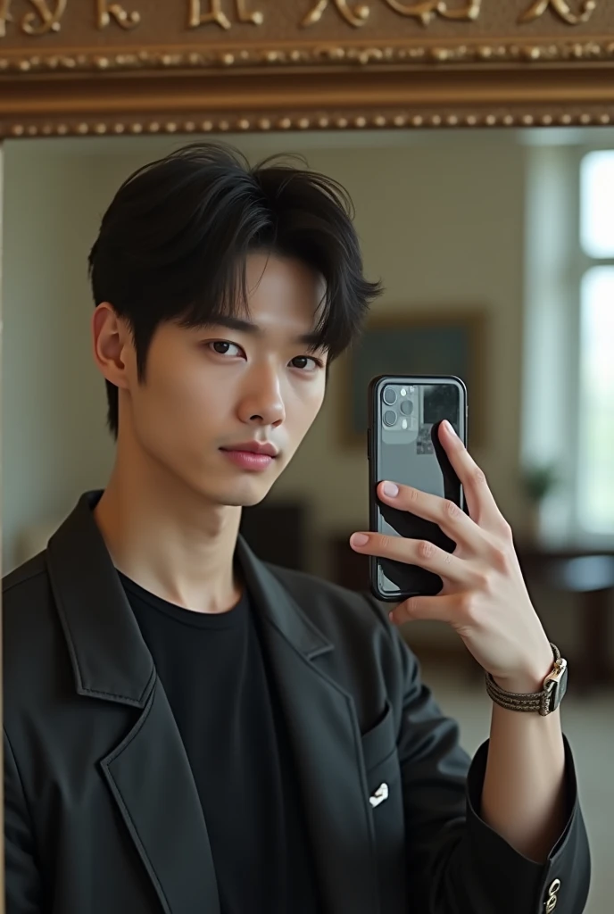 A South Korean hamdsome actor selfie with iphone in front of big mirror ...