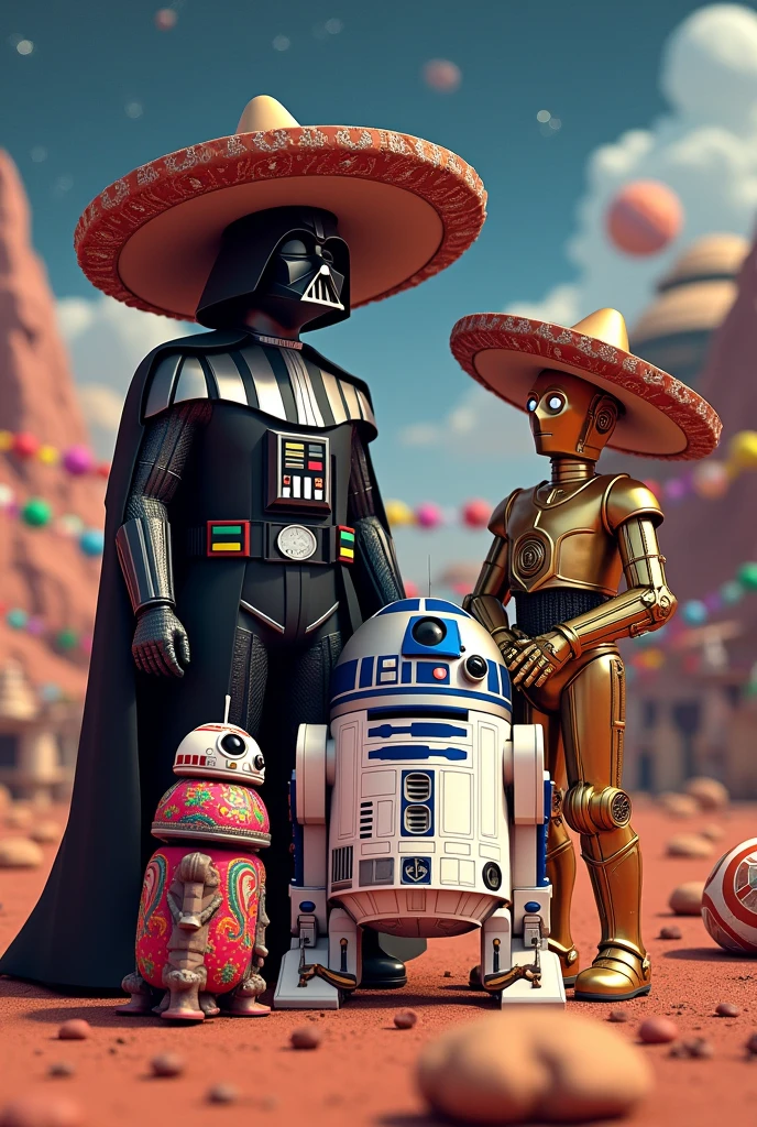 Make a picture of r2d2, darth vader, C3PO and BB8 dressed as charros on ...