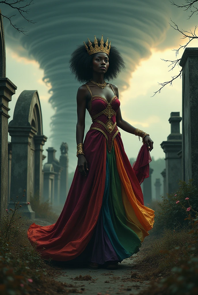 Black-skinned woman with a 9-pointed crown, a long burgundy dress on ...