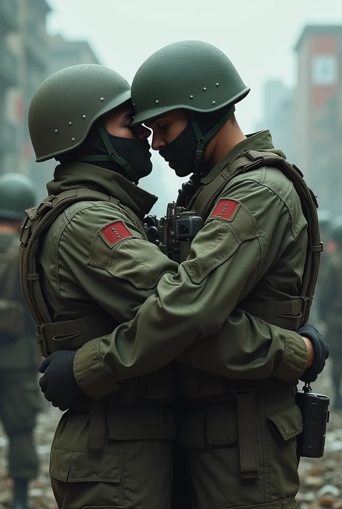 Two military boys whit helmet and masked kissing and hugging each other ...