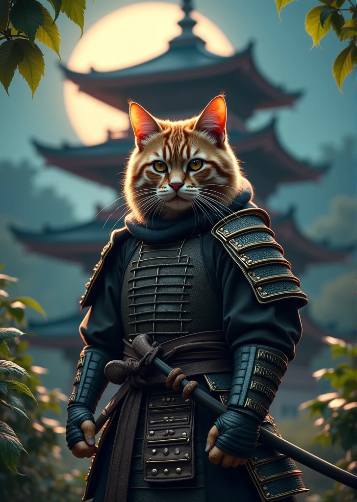 Old Japanese samurai anthropomorphic cat、Wearing samurai armor - SeaArt AI