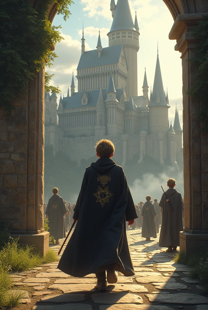 A young wizard from behind arriving at his wizard school full of young ...