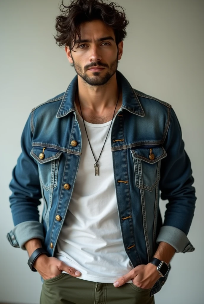 Guy with dark hair and stubble, pose modelling, wearing jean jacket ...