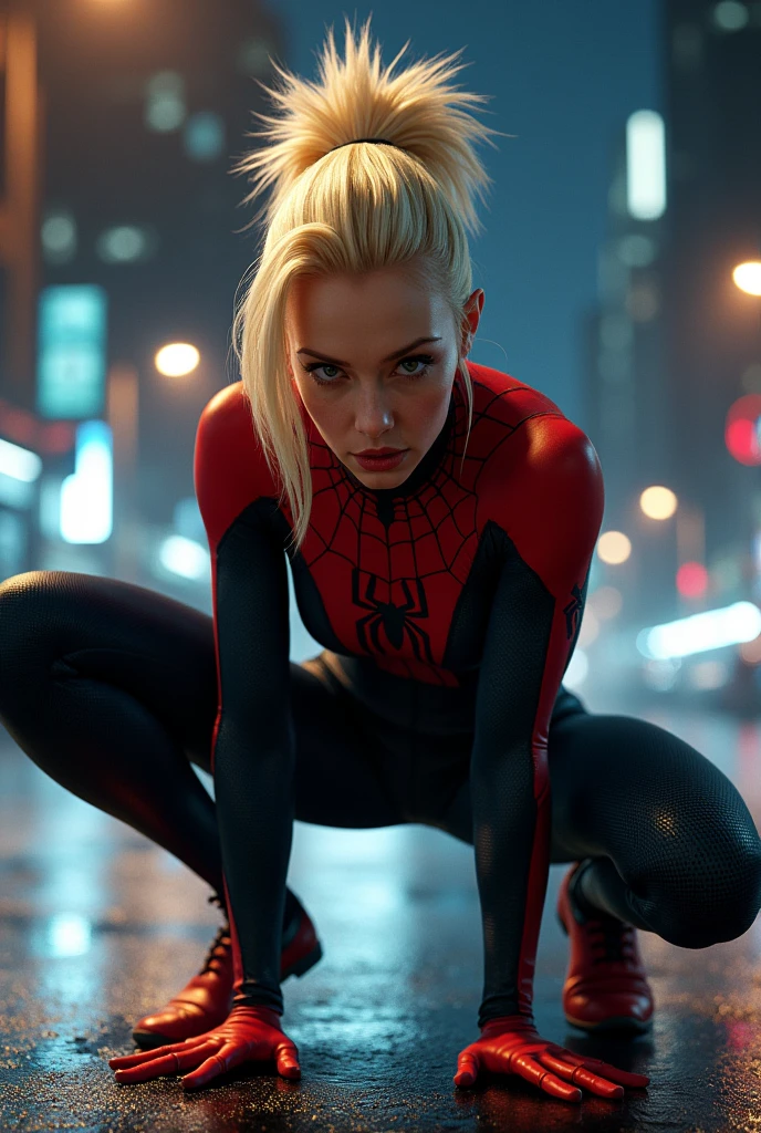 Spider Gwen. Blonde mohawk hair. Crouching facing forward. Angry ...