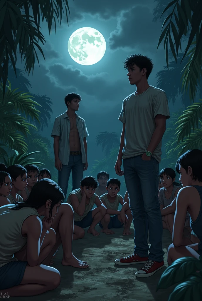 Several young men, Scattered women and children crouching with a ...