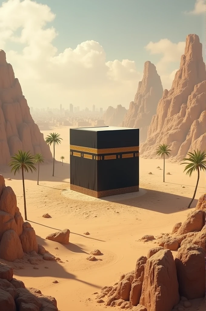 A wide shot of an ancient desert landscape with the city of Makkah in ...