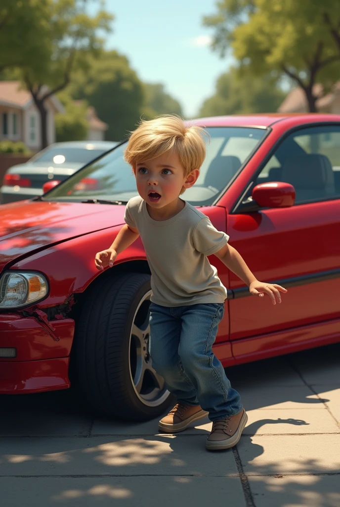 A blond boy being hit by a red car - SeaArt AI