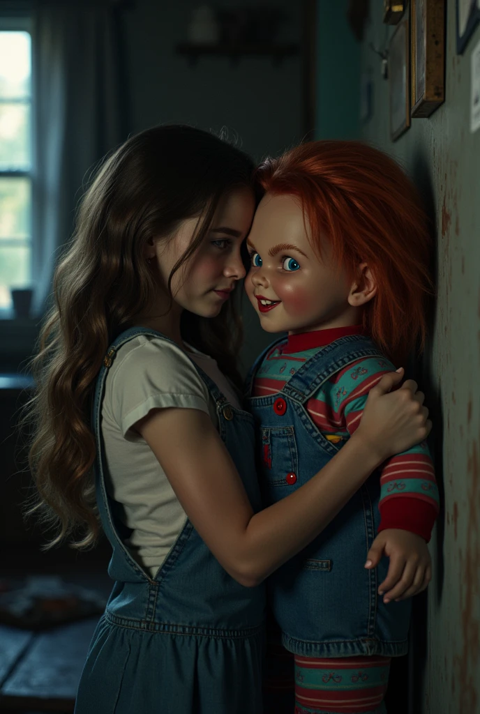 A girl with long dark hair, m3gan and chucky, they are looking at each ...