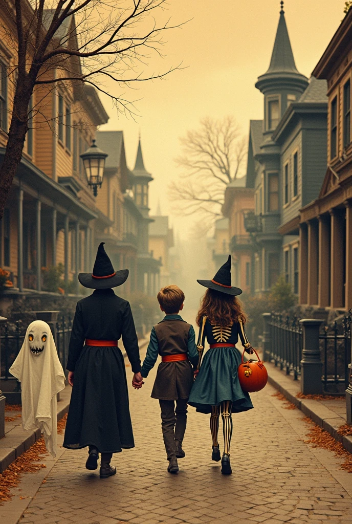 "A vintage Halloween illustration with a nostalgic feel. The scene ...
