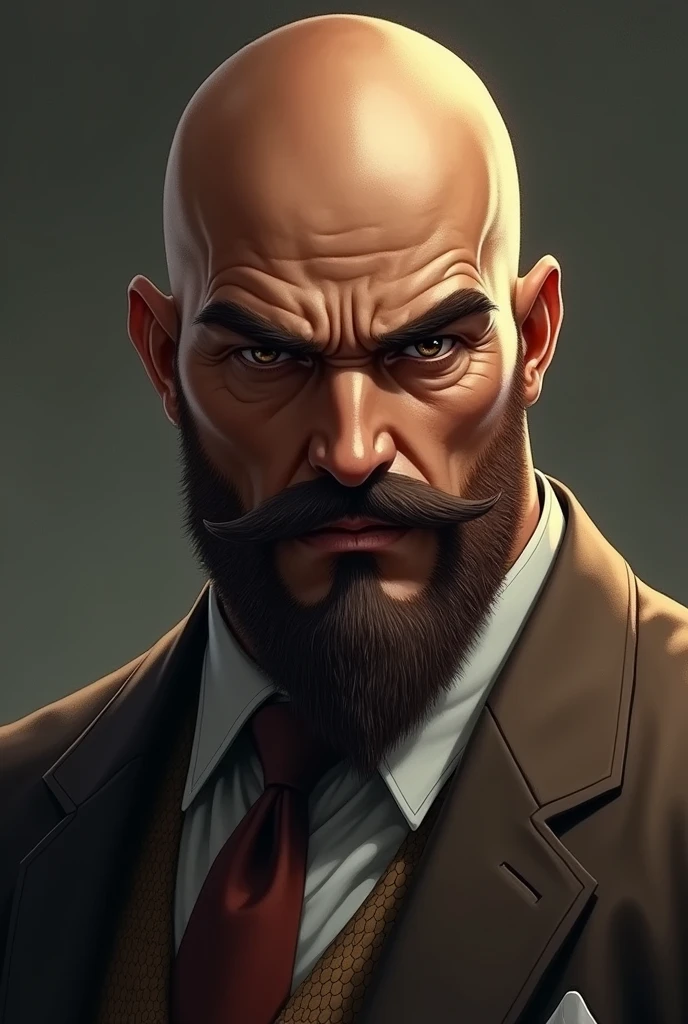 Strong bald man with mustache big eyes brown skin tall white - SeaArt AI