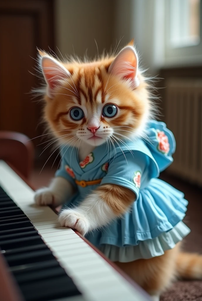 Cat Dance Fluffy brown and white fur kitten Blue eyes Piano recital ...