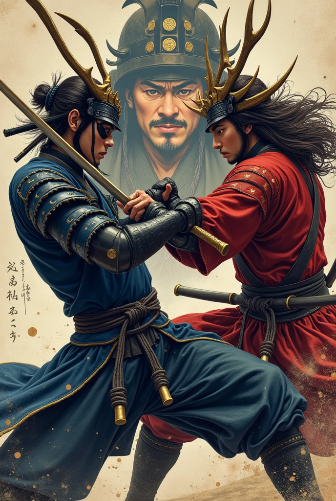 Japanese warlords Sanada Yukimura and Date Masamune engaged in sword ...