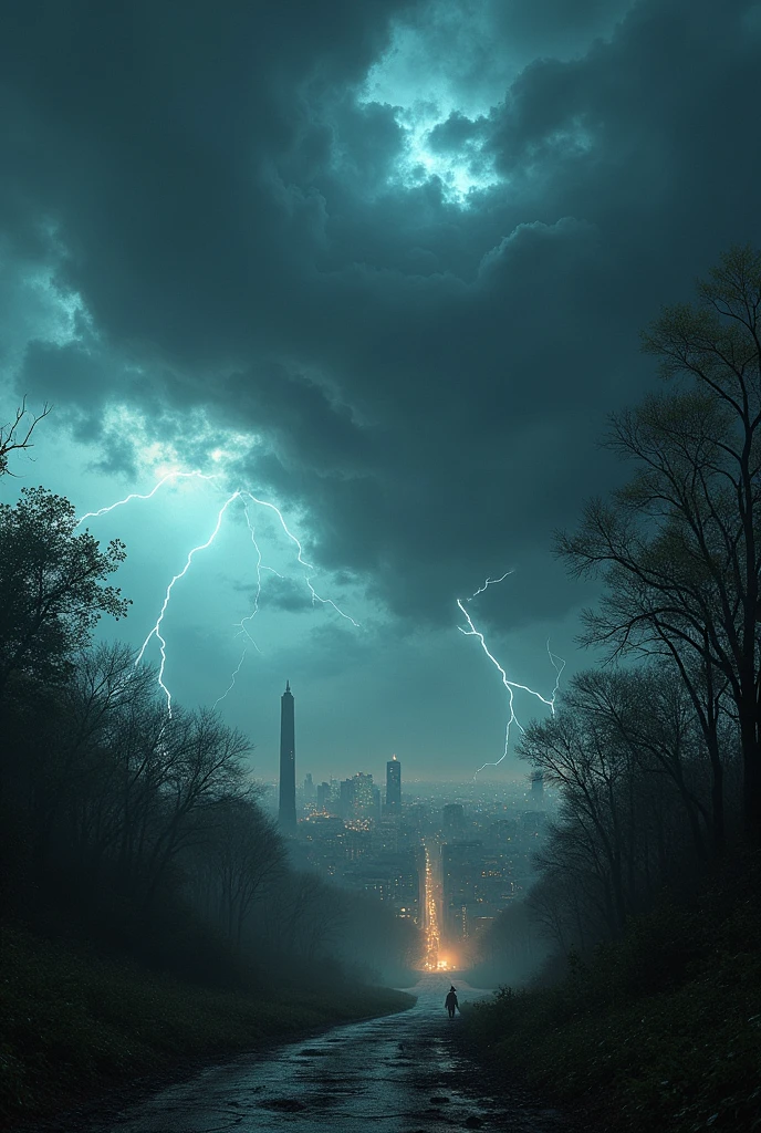 The sky above the city quickly darkens as a storm approaches - SeaArt AI