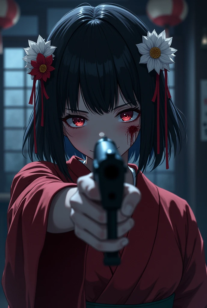 Assassin in kimono,Night brothel,Flower hairpins,Pointing a gun at the ...