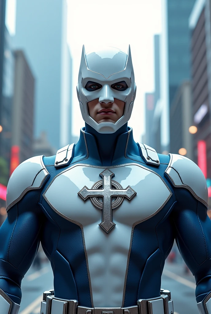 A superhero wearing white and blue costume and a metallic cross on his ...