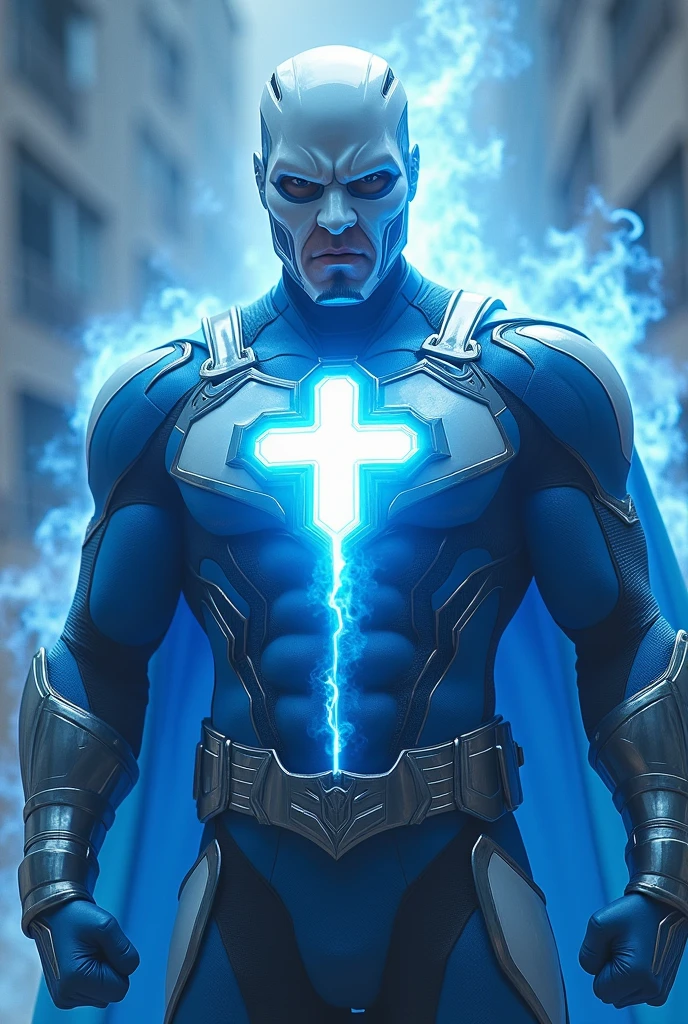 A superhero wearing white and blue costume and a metallic cross on his ...