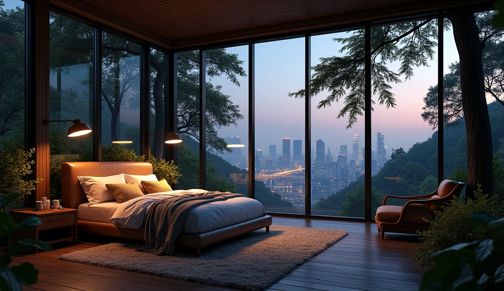 Ordinary bedroom in the forest at night，city View, Large Windows ...