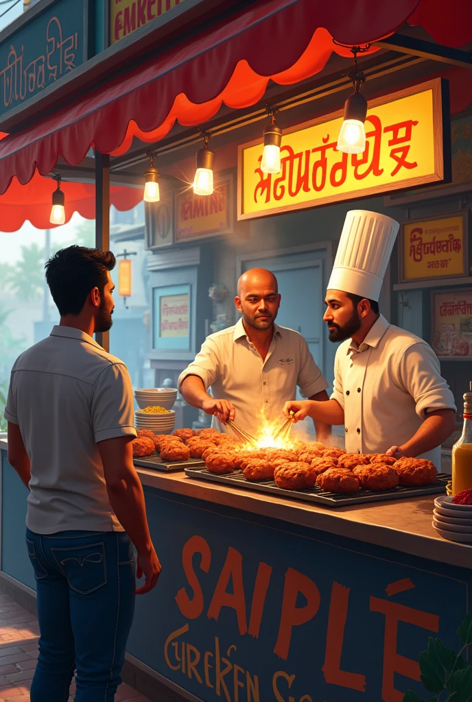 Ek man baking kabab in Punjabi chicken corner shop name and customer is too much - SeaArt AI
