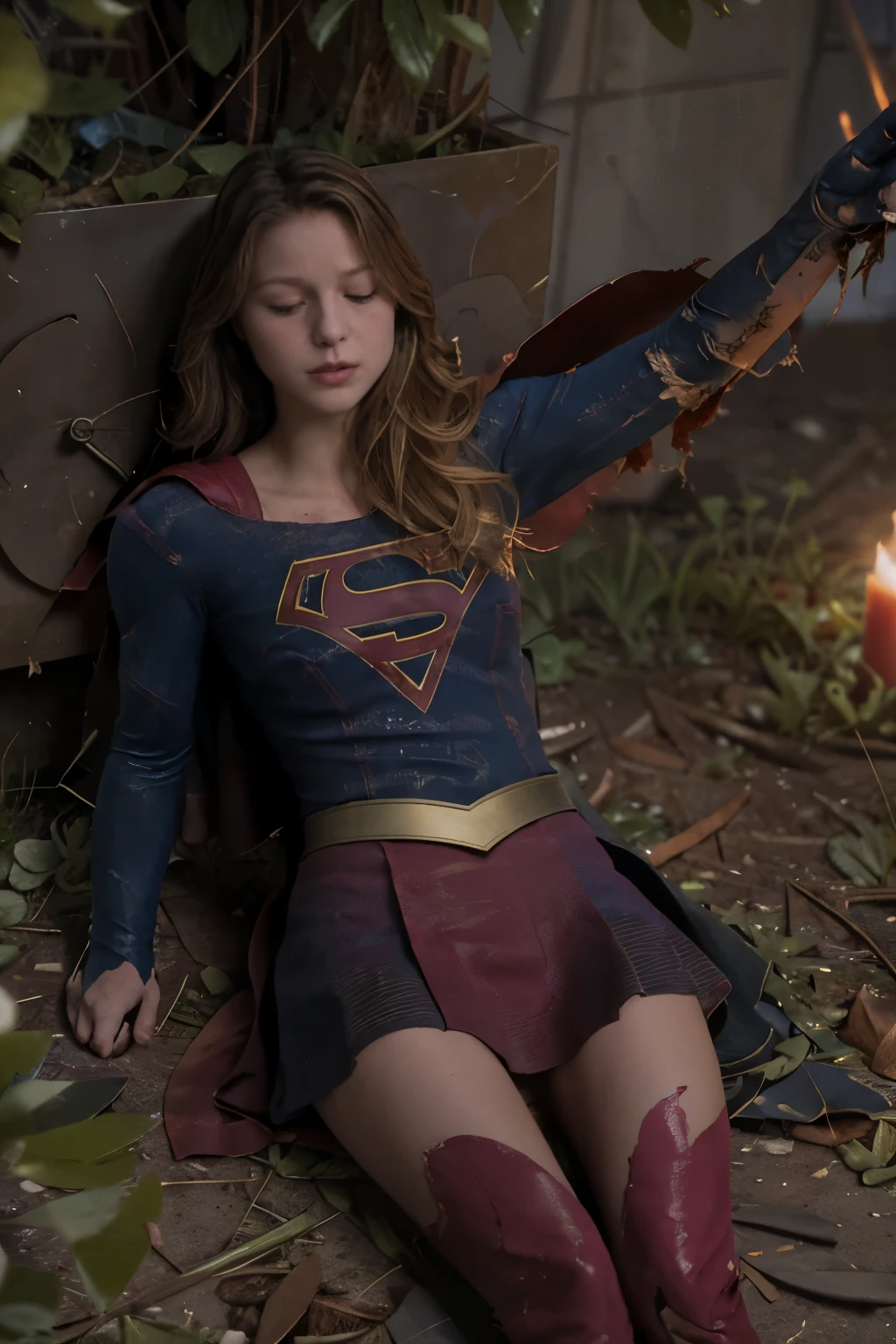 A woman in a superman costume laying on the ground with a candle ...