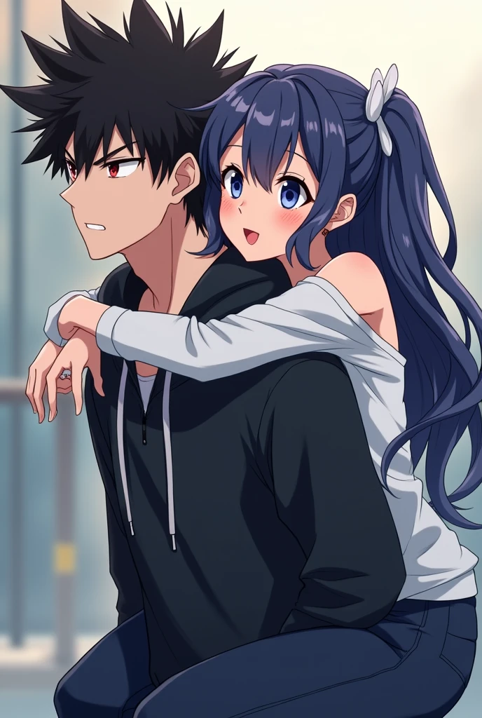 Anime boy ((( Spiky hair , black hair , black hoodie , red eyes - SeaArt AI