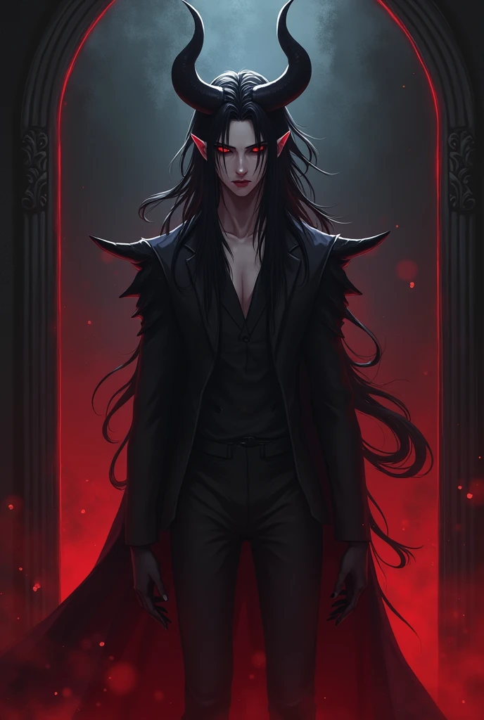 A young devil man with long dark hair, red aura, in front of a mirror ...