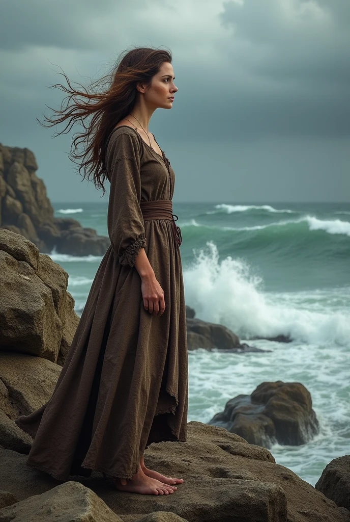 A medieval peasant slim woman standing on rugged, weathered stones near ...