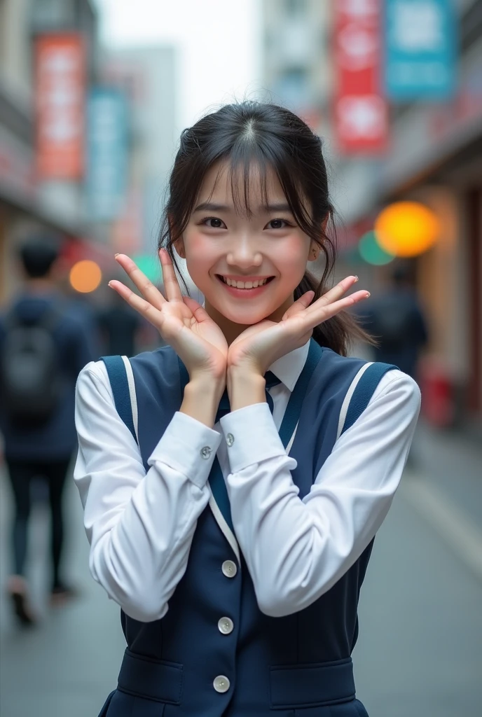 Photo of a young woman in school uniform, (Sideways peace sign by the ...