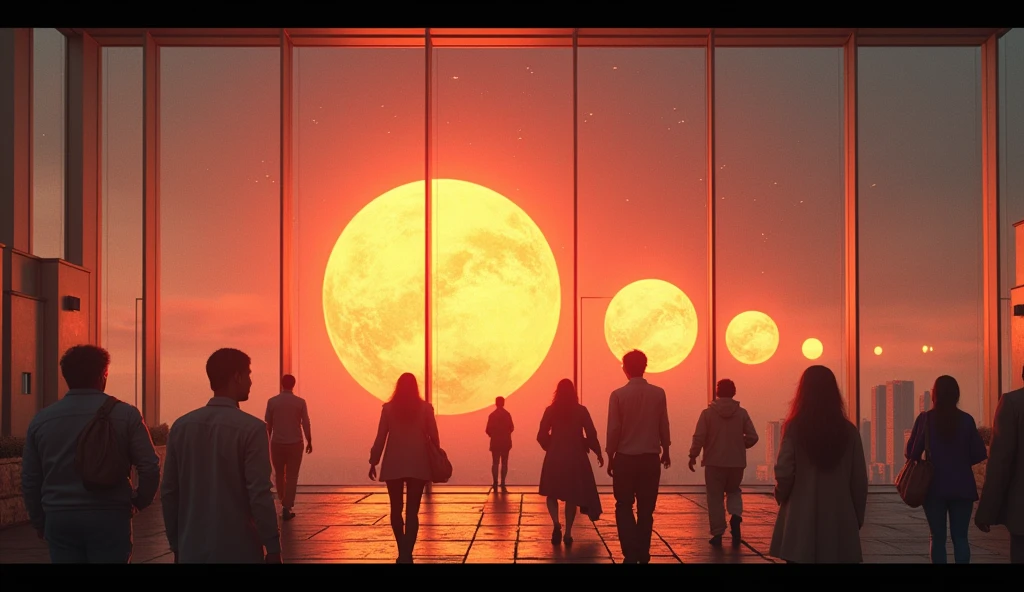 Seven suns are shining brightly in the sky of a city. And some people ...