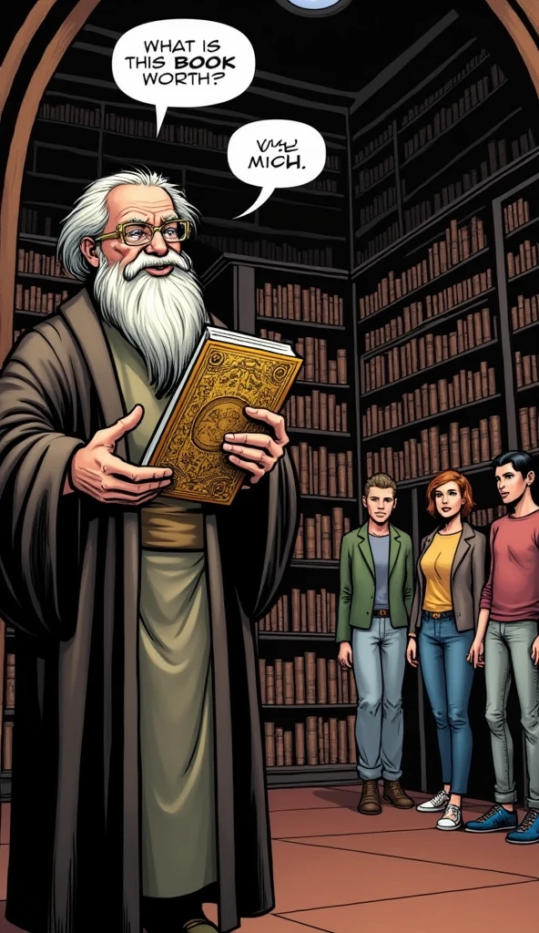 A comic panel showing an old, wise-looking librarian with glasses and a ...