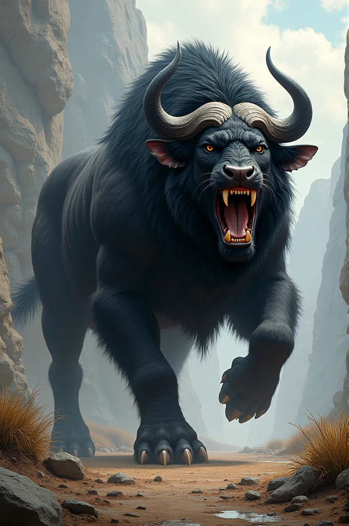 Big black buffalo with tiger like teeth - SeaArt AI