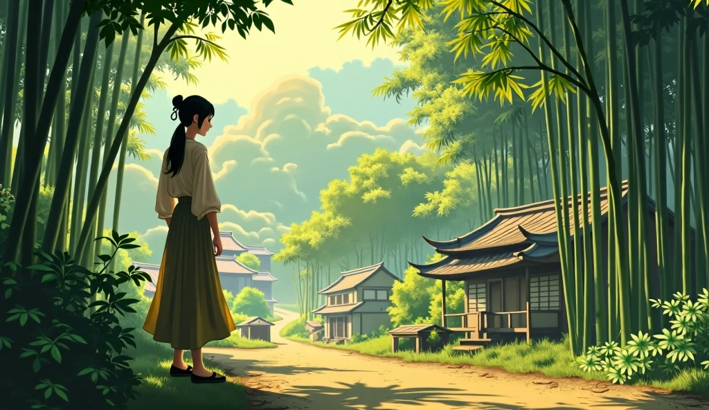 A picturesque, small village nestled at the edge of a sprawling bamboo ...