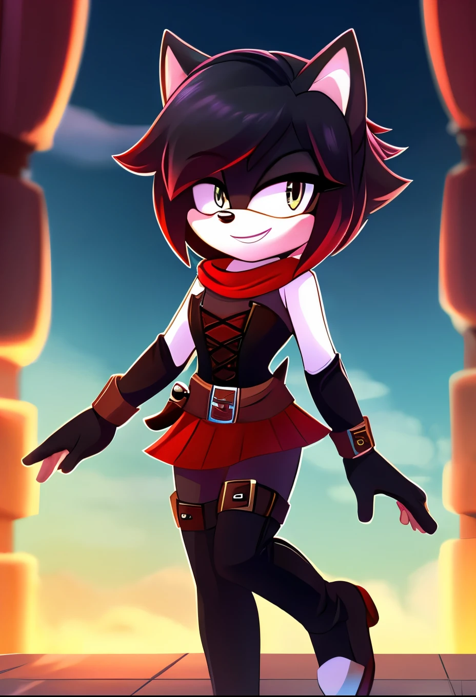 A cartoon cat in a red dress and black boots walking - SeaArt AI
