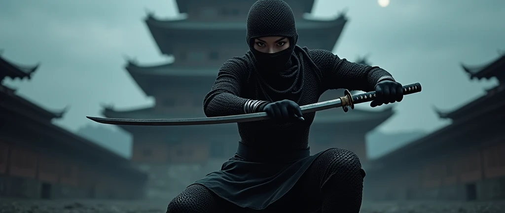A battle scene in which a female ninja lands、Crouching start posture ...